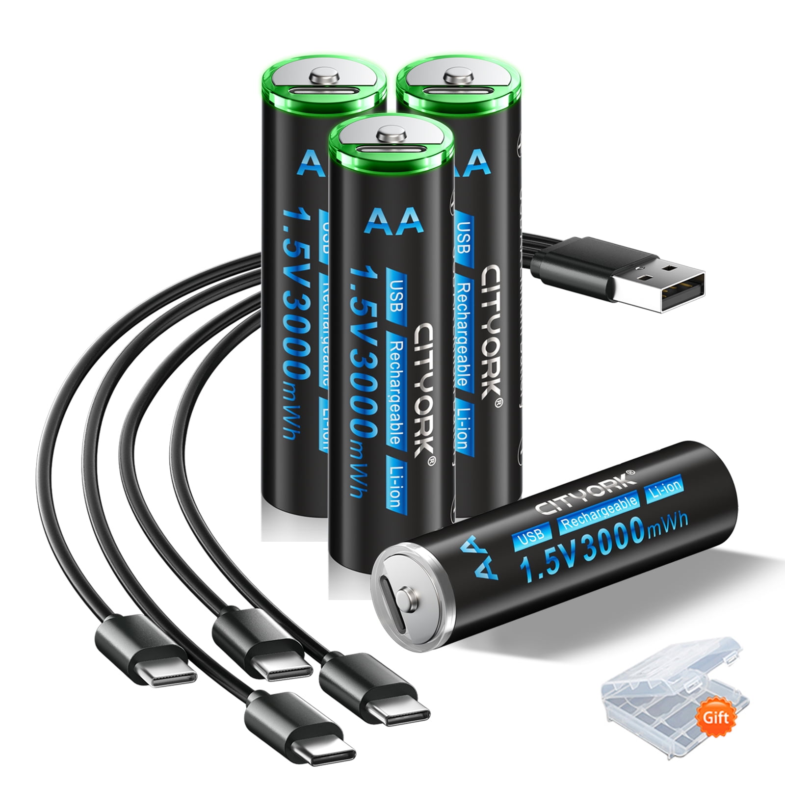 4 Pack AA Batteries Type-C USB 3000mWh 1.5V Lithium High Capacity AA ...
