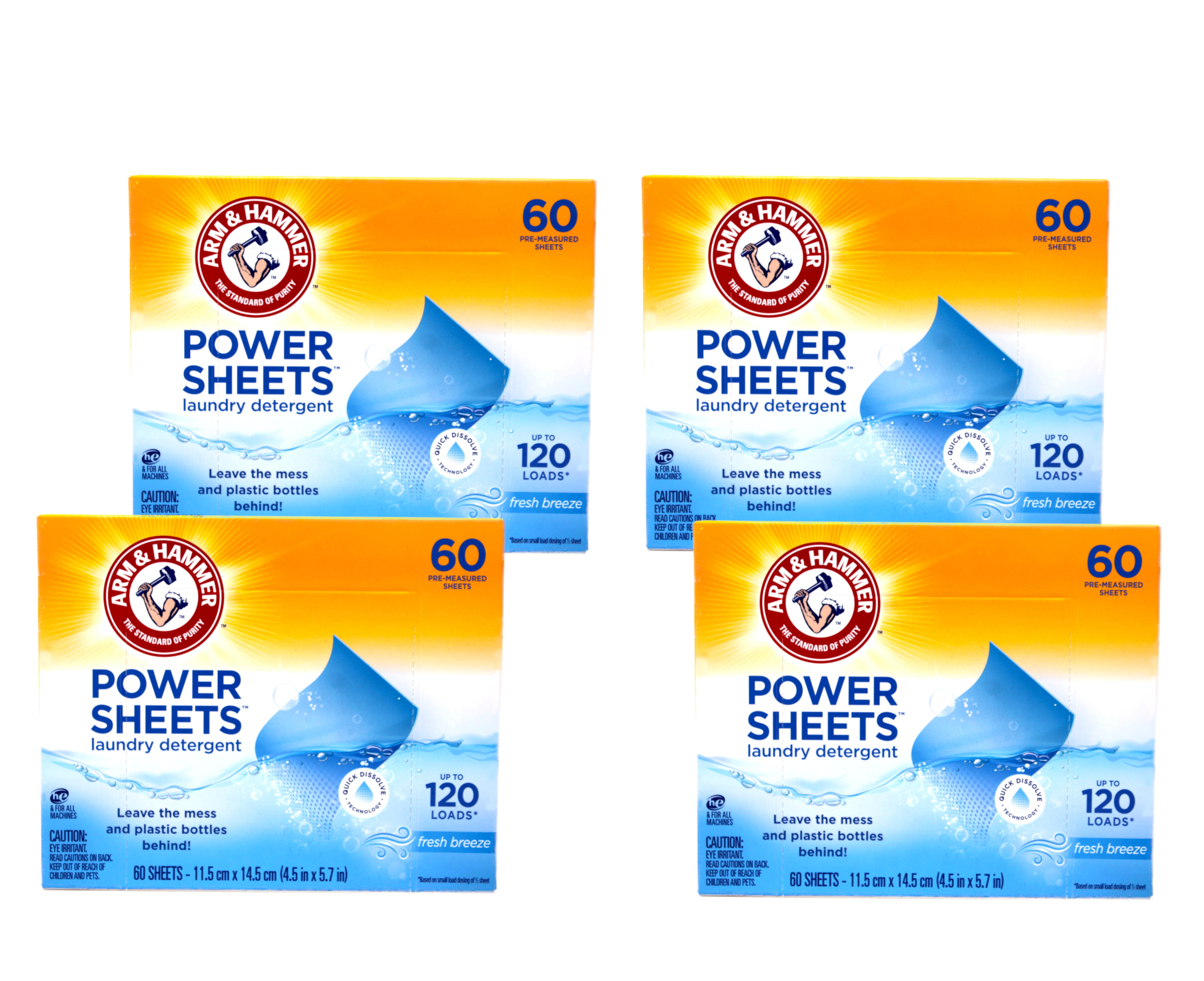 4 Pack - ARM & HAMMER Power Sheets Laundry Detergent, Fresh Breeze 60 ...