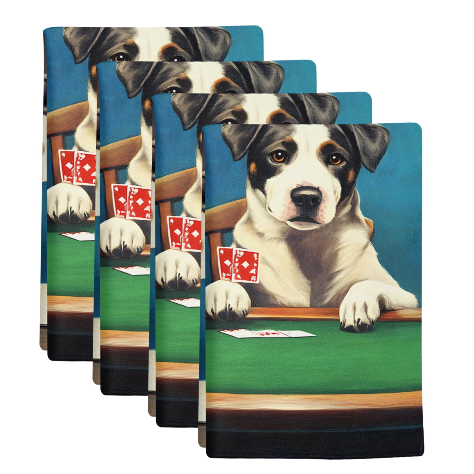 4 Pack Abstract Animal Kitchen Towels Dog Playing Poker Game Chips Blue ...