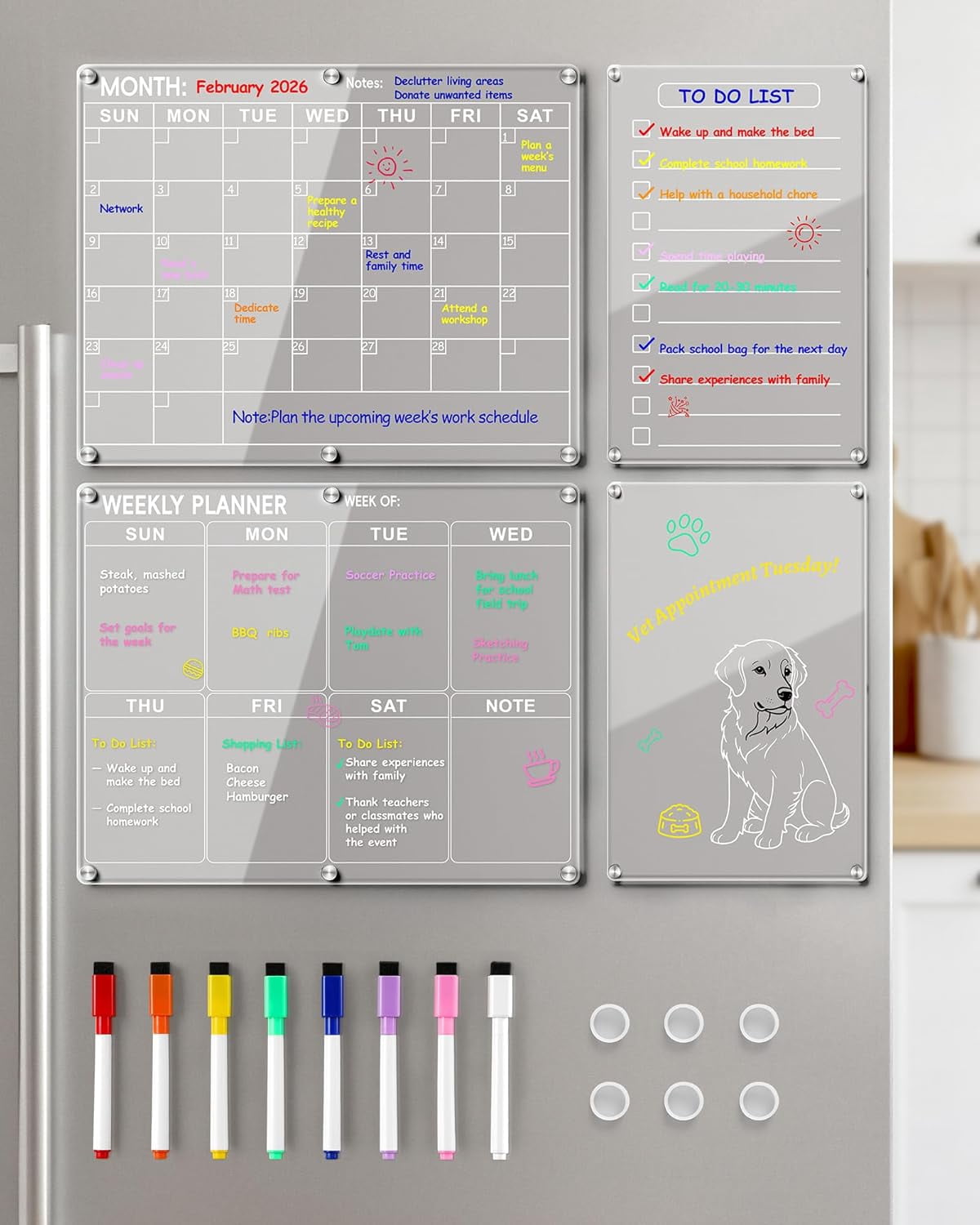 4 Pack Acrylic Magnetic Calendar for Refrigerator Set, Clear Monthly ...