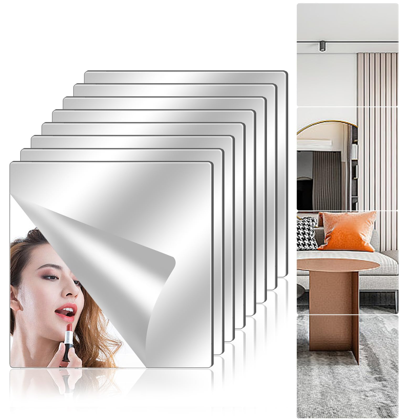 4 Pack Acrylic Mirror Tiles, 8"x8"Unbreakable Wall Mirror Full Length ...