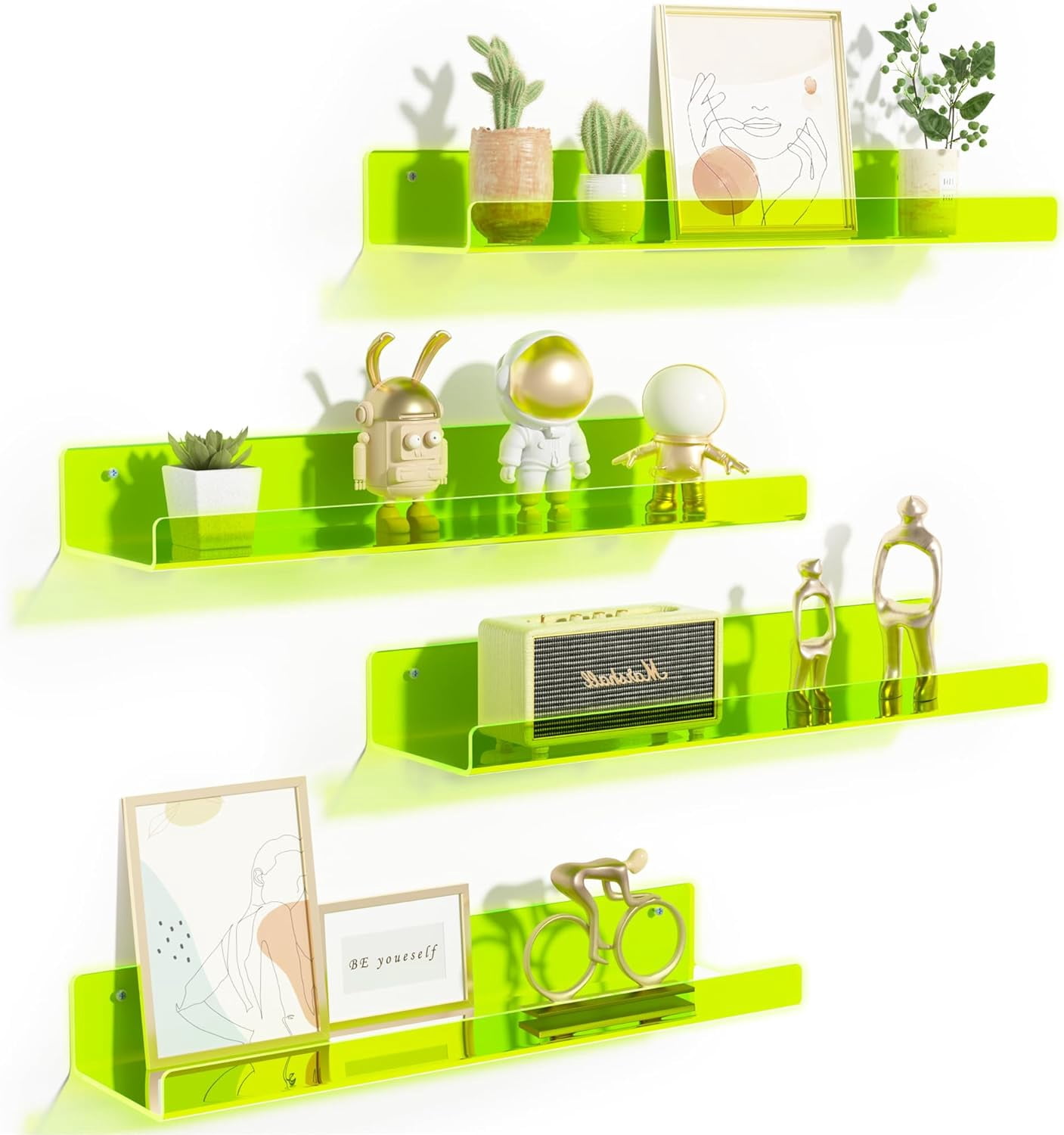 4 Pack Acrylic Shelves for Wall Storage, 15" Floating Bookshelves for ...