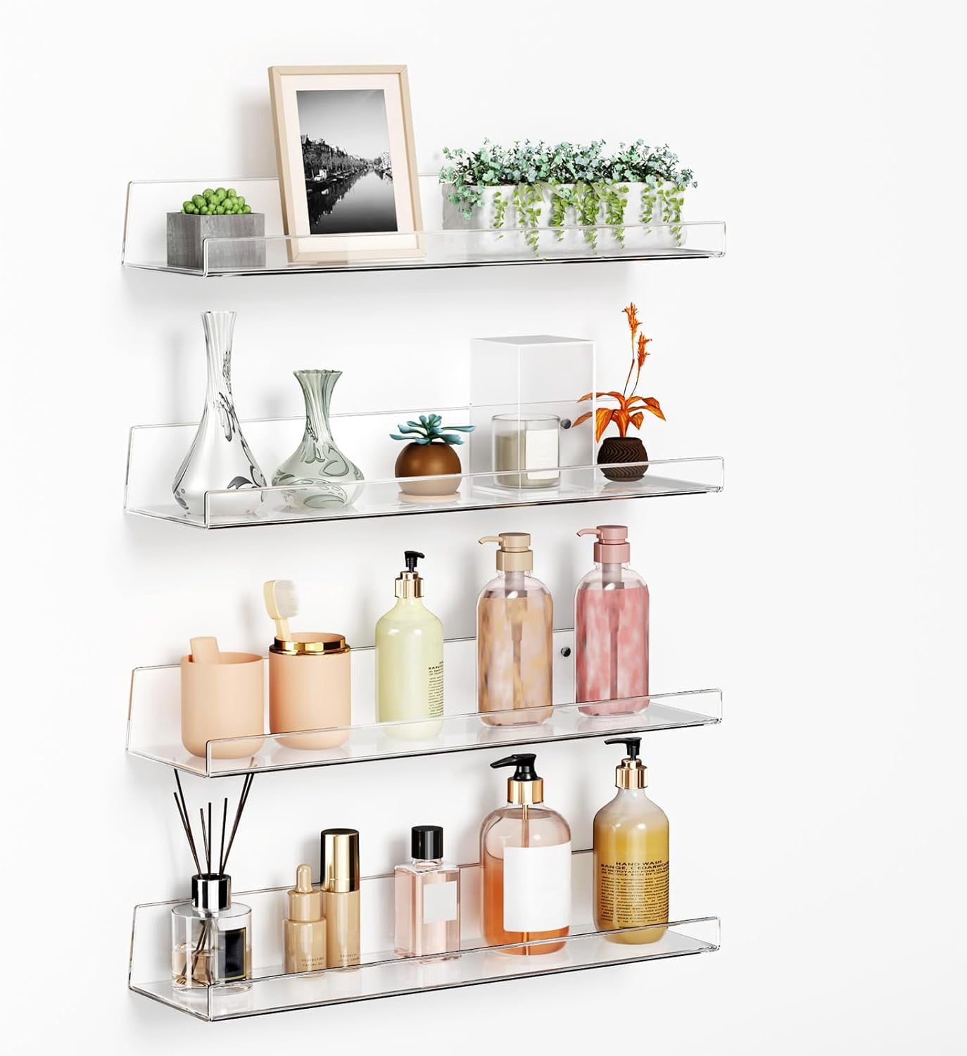 4 Pack Acrylic Shelves for Wall Storage, Self-Adhesive 15" Clear ...
