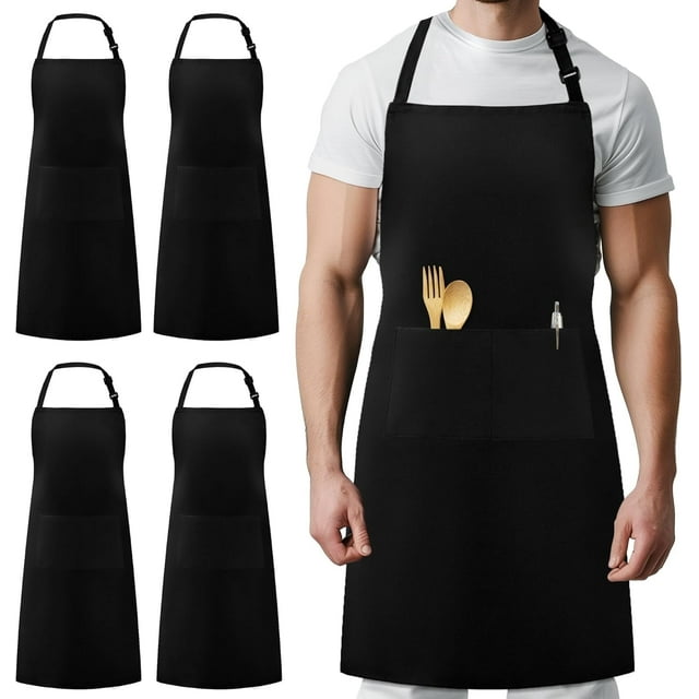 4 Pack Adjustable Black Apron with Pocket, Bib Chef Apron for Women Men ...