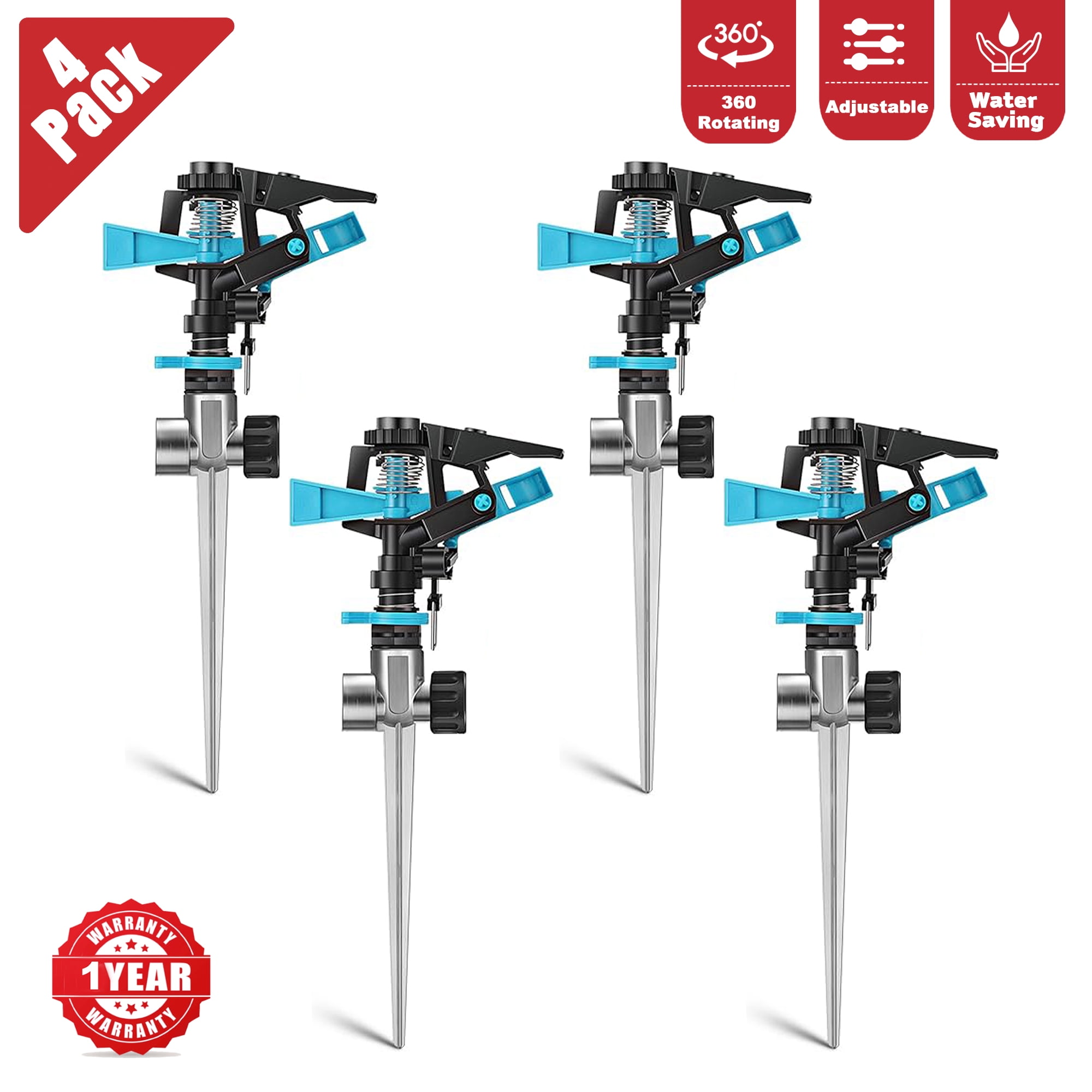 Gimlos Adjustable Impact Lawn Sprinklers, 4 Pack, Zinc Alloy Spike Base ...