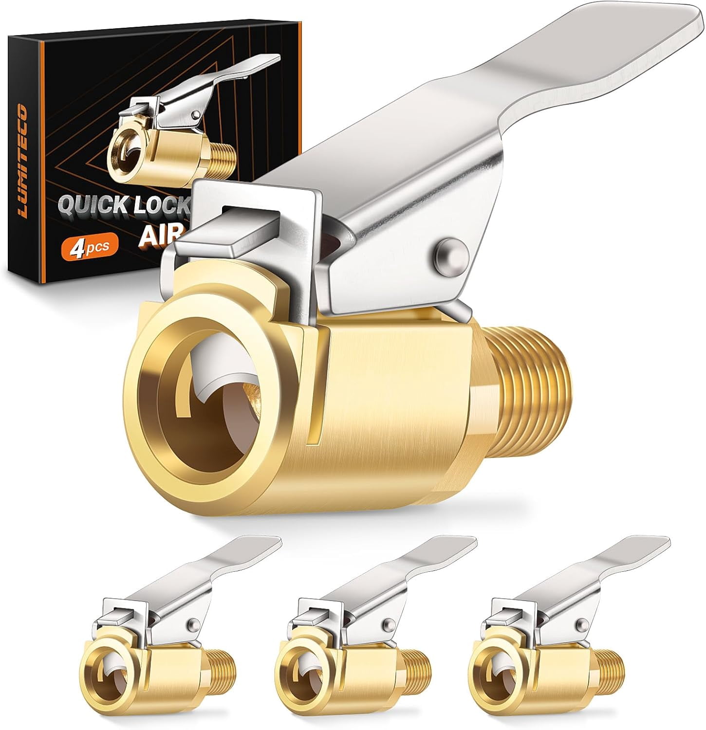 4-Pack Air Chuck Quick Connect, Brass Tire Air Chuck with Clip Adapter ...