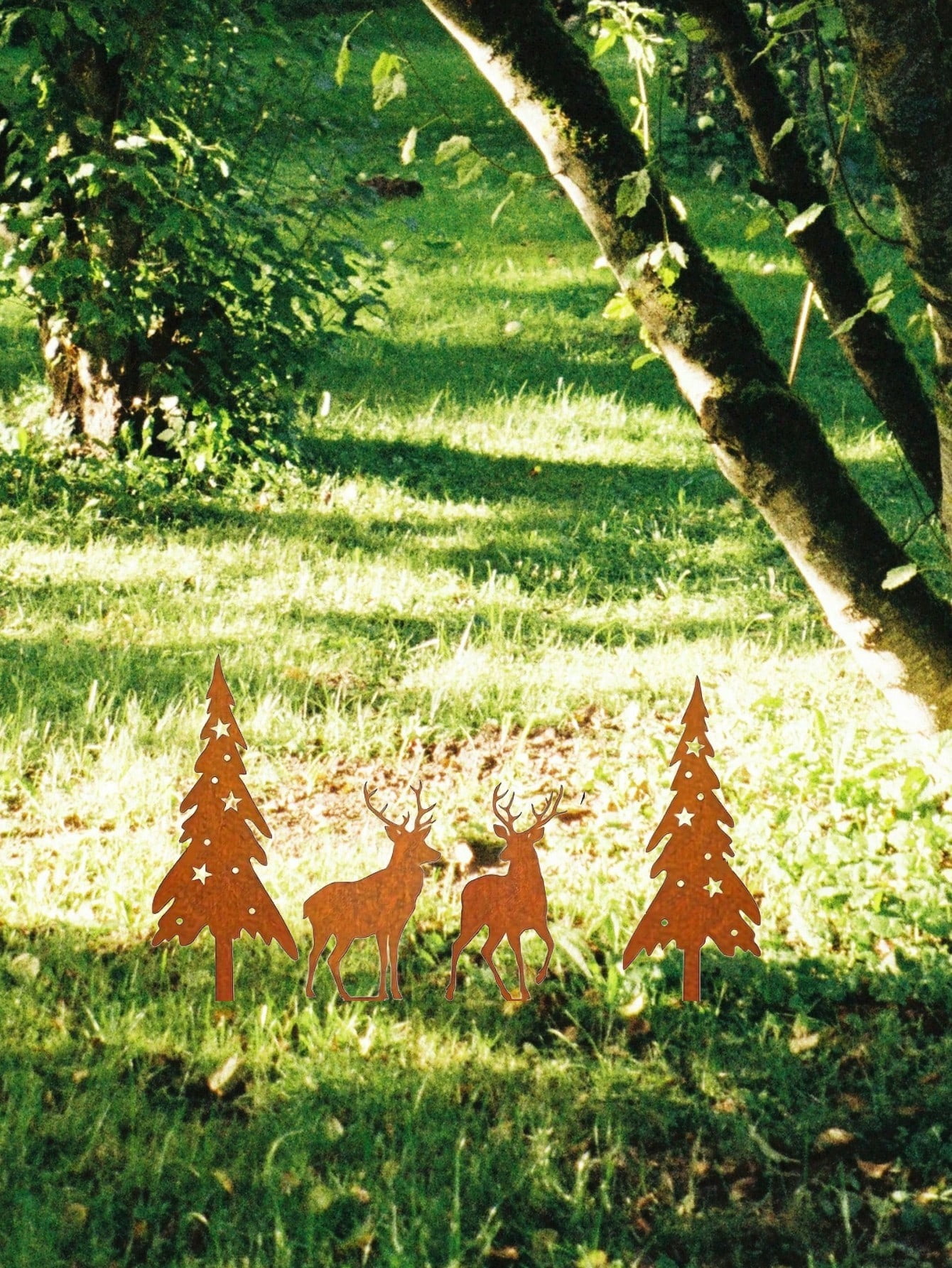 4-Pack Antique Metal Deer And Tree Sculpture Set, Rustic Garden Statues ...