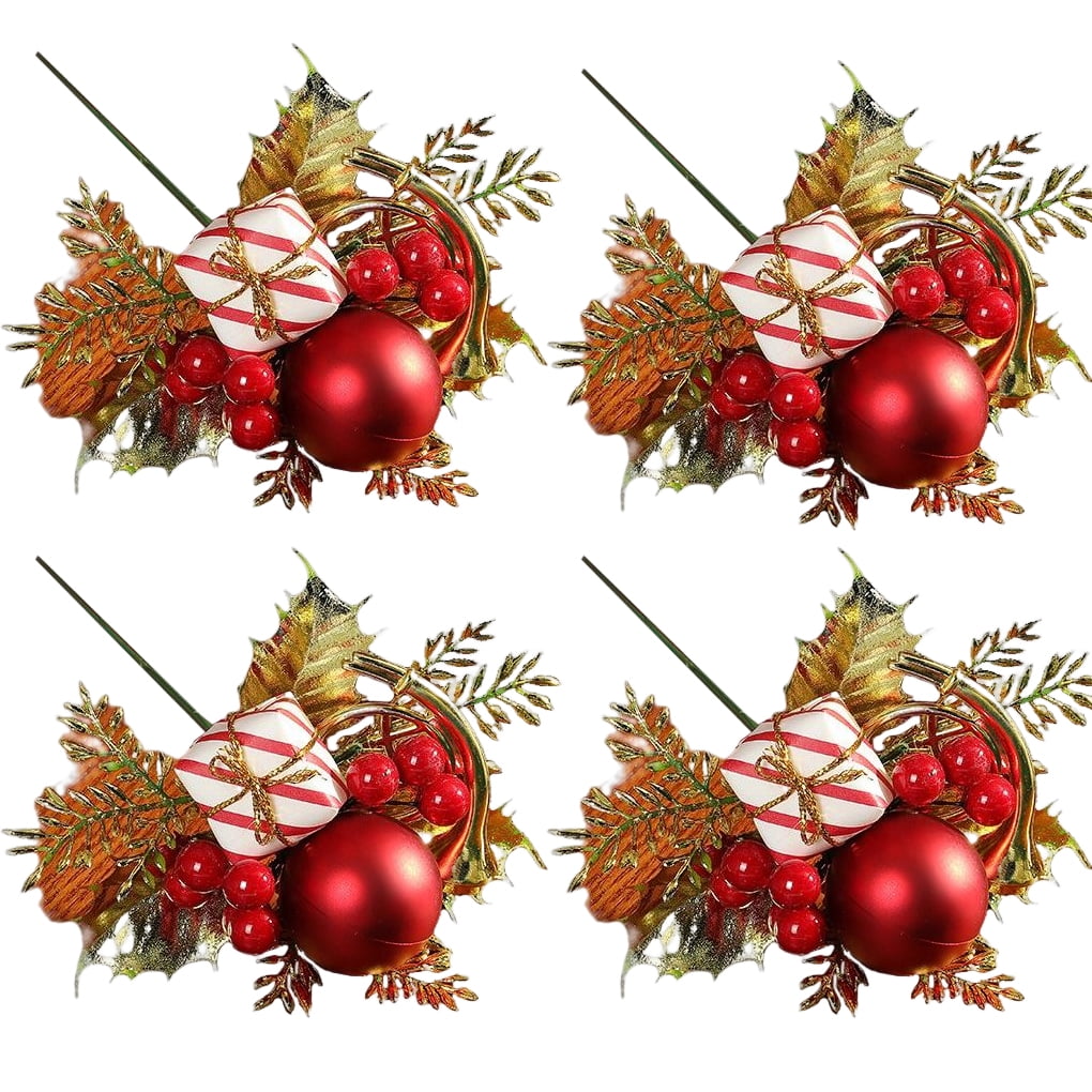 4 Pack Artificial Xmas Holly Picks, Pine Branches with Pinecones for ...
