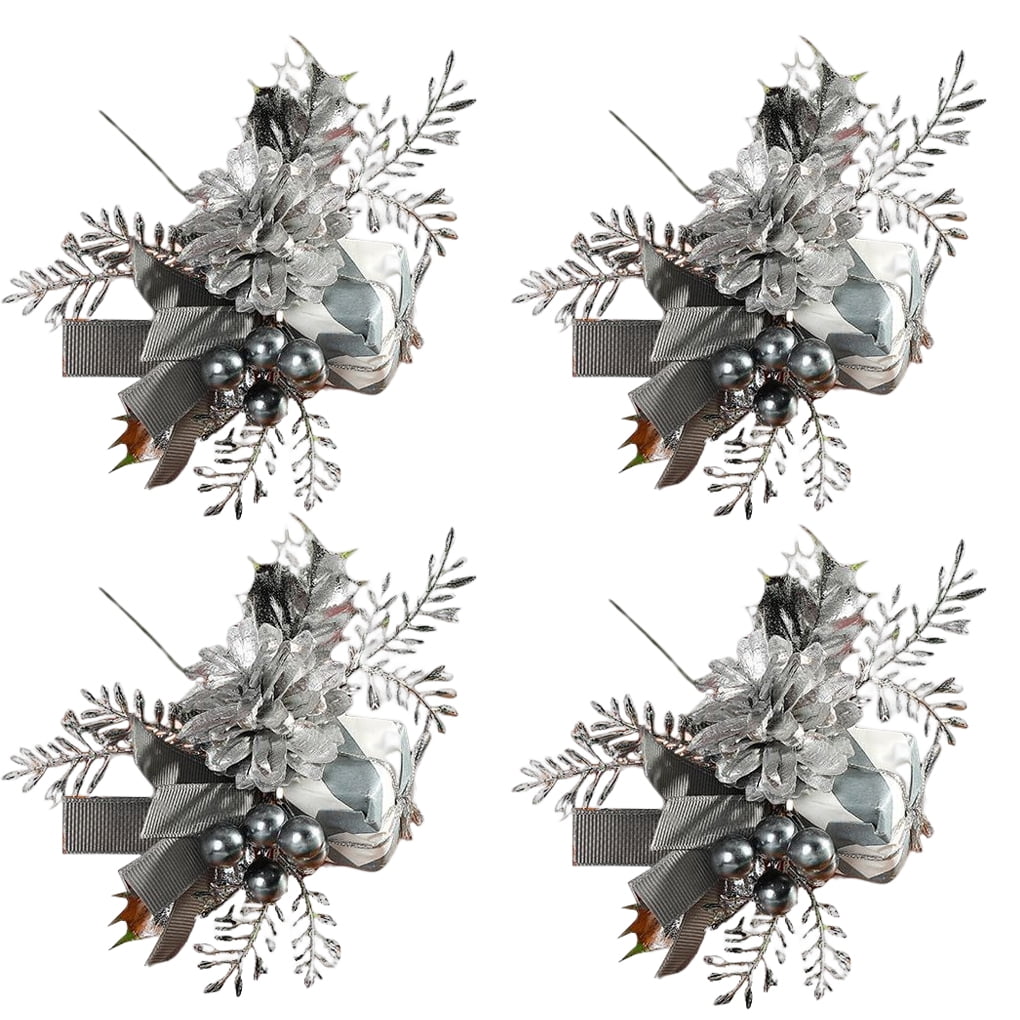 4 Pack Artificial Christmas Assorted Holly Picks Stems Pine Branches ...