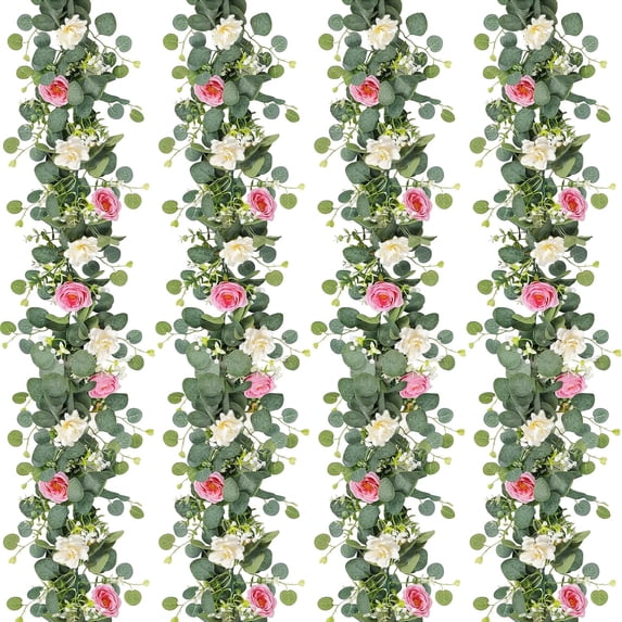 4 Pack Artificial Eucalyptus Flower Garland with White Pink Roses, Fake ...