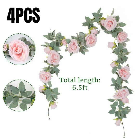 4 Pack Artificial Flowers Garland Total 26FT Pink Rose Vines Hanging ...