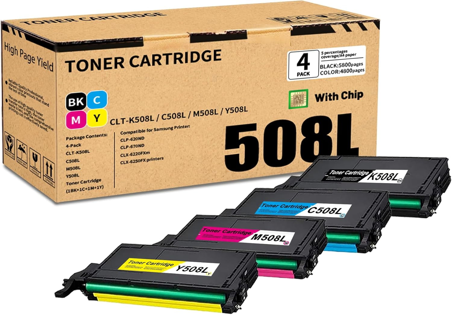 4 Pack BK/C/M/Y CLT-K508L C508L M508L Y508L Toner Cartridge, Compatible for Samsung CLT-K508L ...