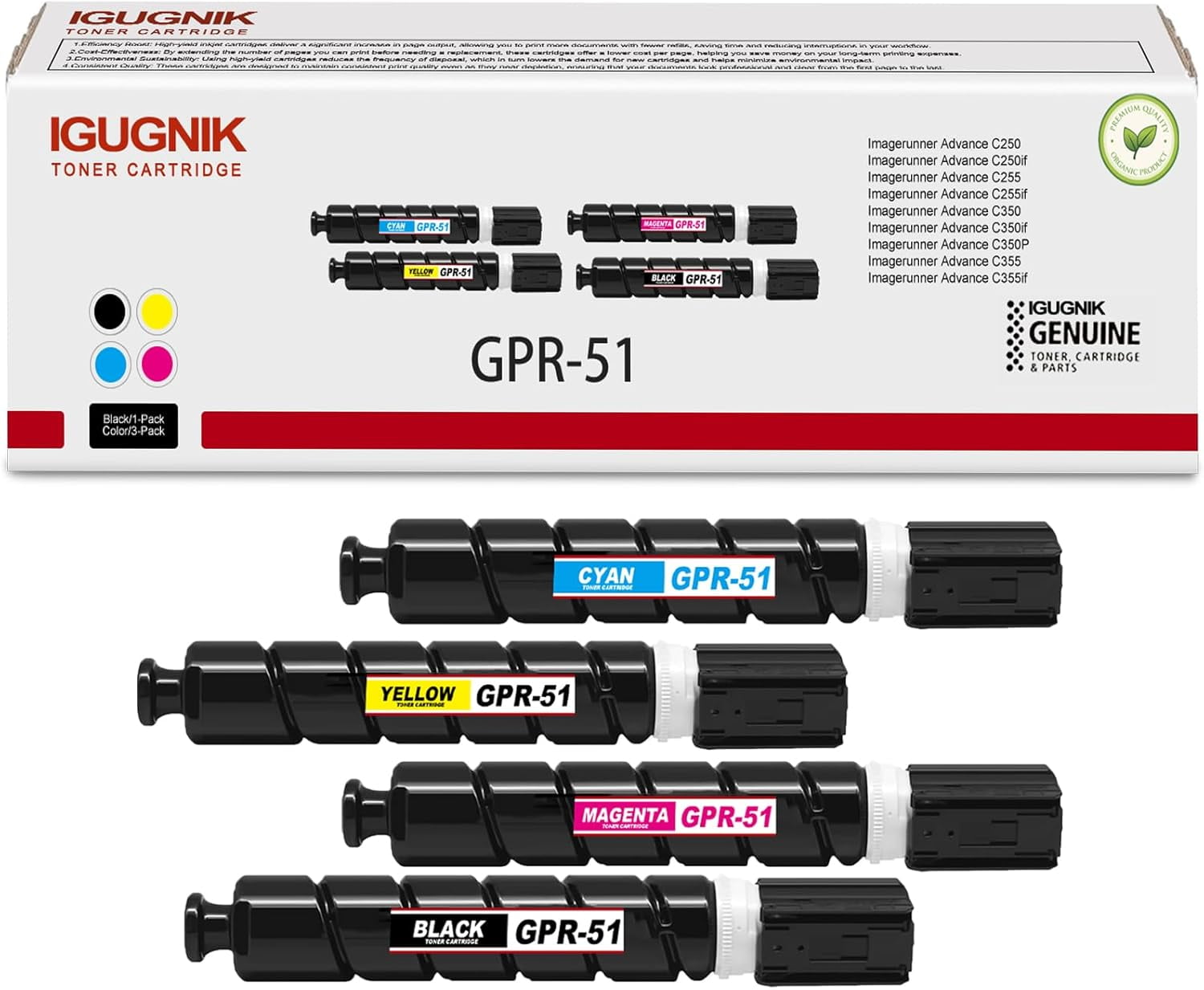 4-Pack BK/C/M/Y GPR 51 High Yield Toner Cartridges Replacement for Canon GPR 51 for Imagerunner ...