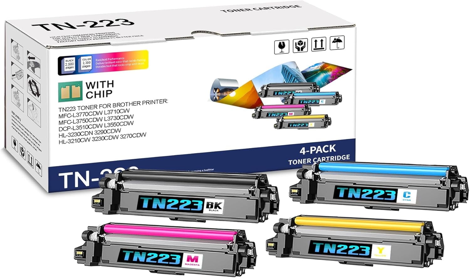 4-Pack BK/C/M/Y TN223 High Yield Toner Cartridge, Replacement for ...
