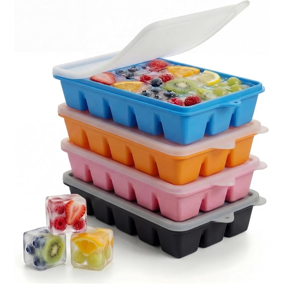 4 Pack BPA Free Silicone Ice Trays with Lids, Easy Release Square Ice ...