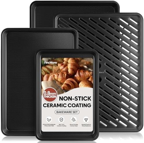 4 Pack Baking Sheet Pan with Cooling Rack, 0.8mm Thick Nonstick Cookie ...