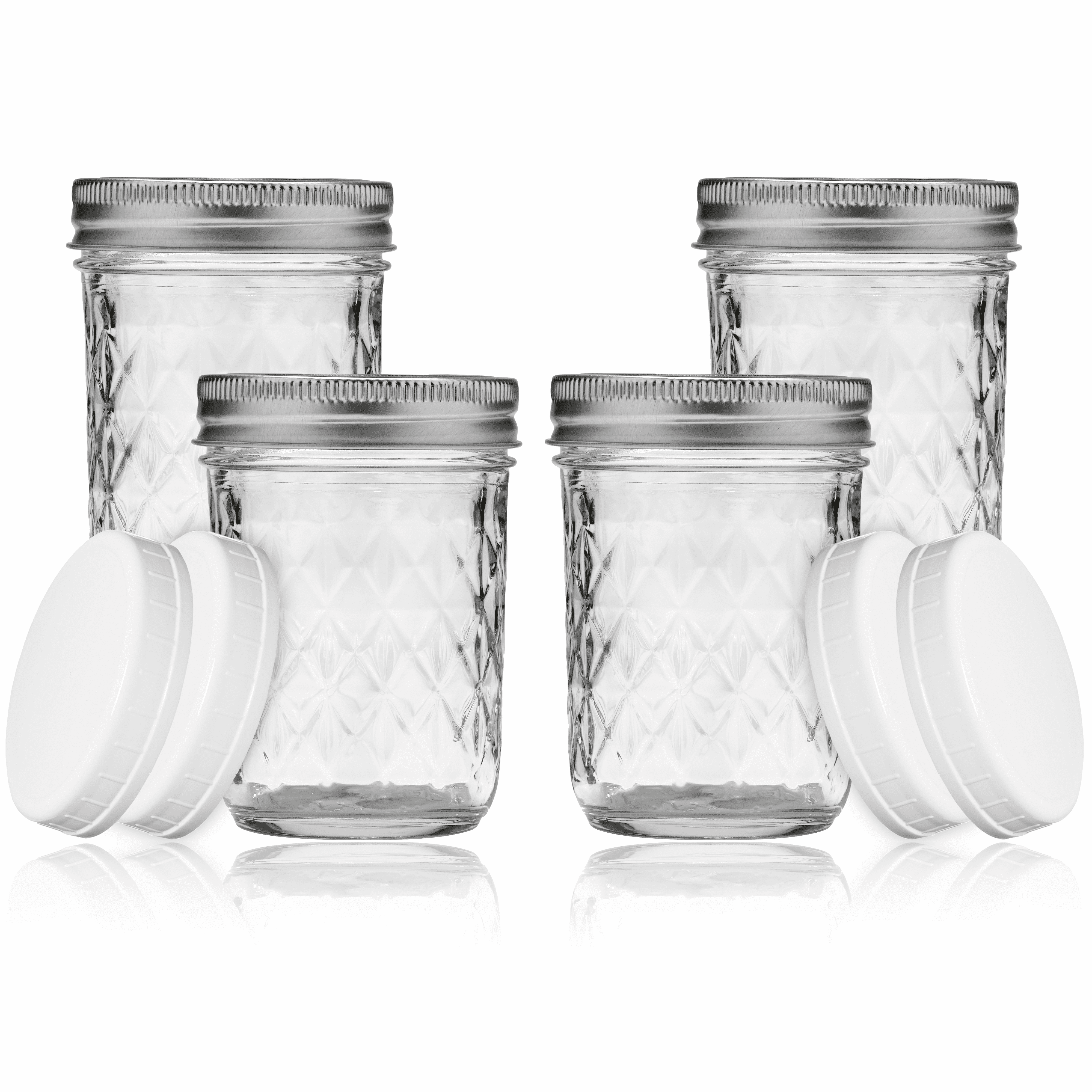 (4-Pack) Ball 8 oz Regular Mouth Quilted Crystal Jelly Mason Jar w ...