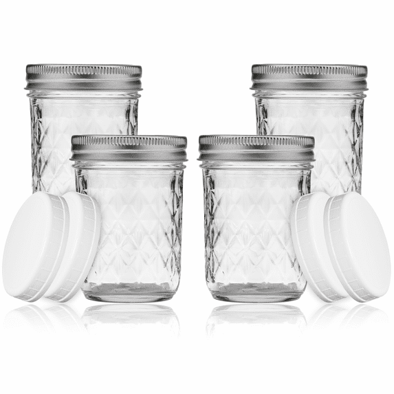 (4-Pack) Ball 8 oz Regular Mouth Quilted Crystal Jelly Mason Jar w ...