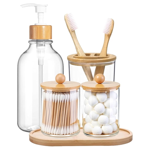 4 Pack Bamboo Bathroom Set with Tray-Plastic Soap Dispenser Clear ...