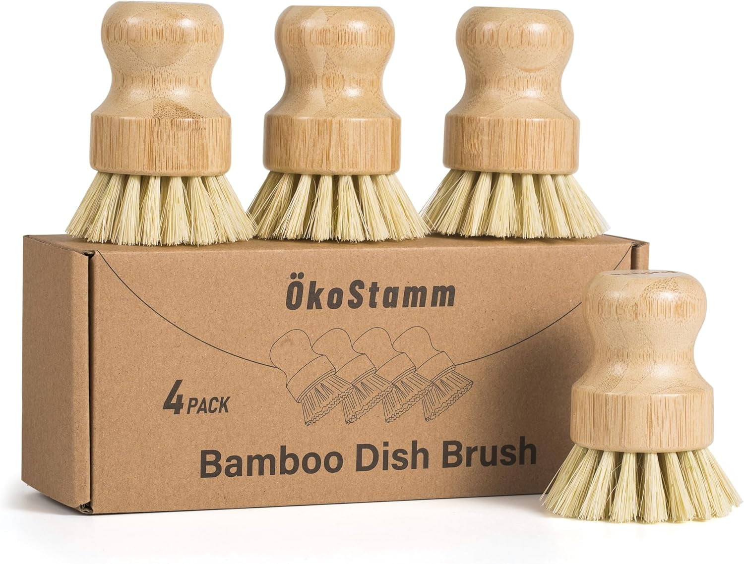 4 Pack Bamboo Dish Brush, Natural Dish Scrubber with Sisal Bristle ...