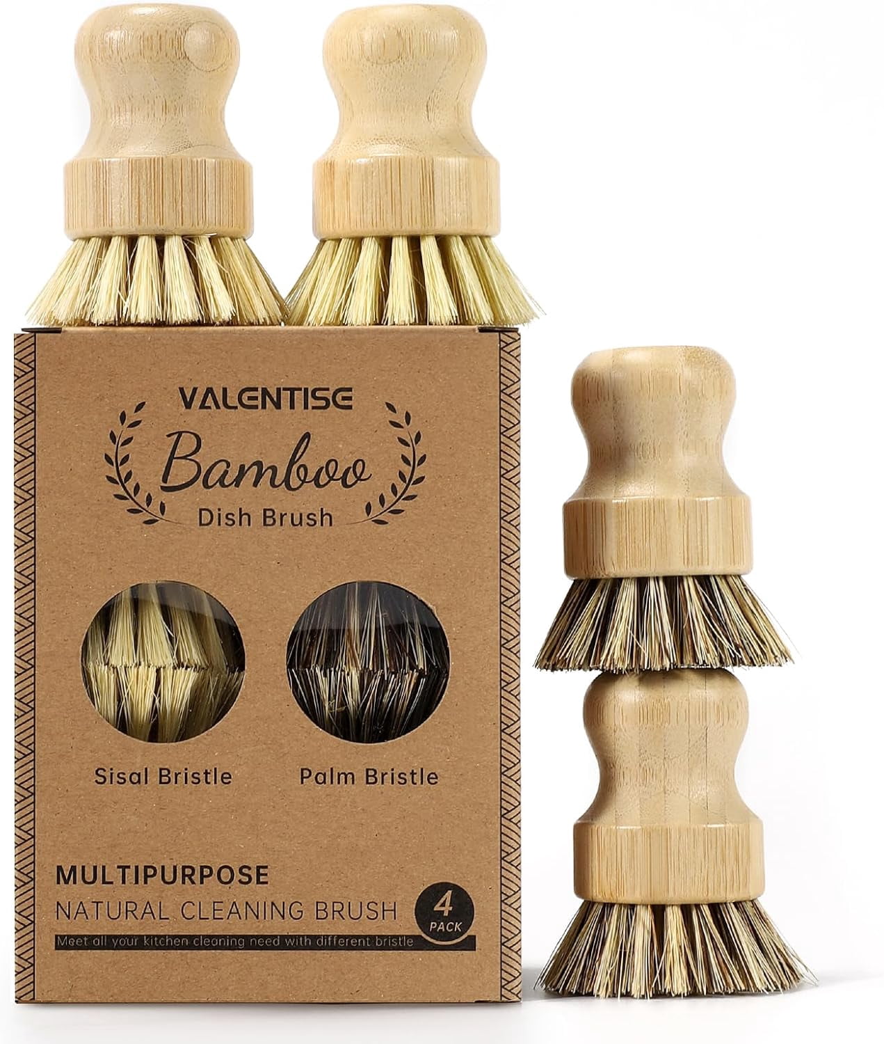 4 Pack Bamboo Dish Brush Set, Natural Palm Dish Scrubber for Pots and ...