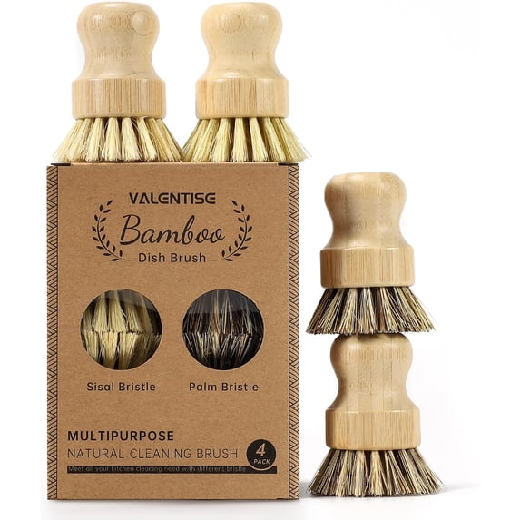 4 Pack Bamboo Dish Brush Set, Natural Palm Dish Scrubber for Pots and ...