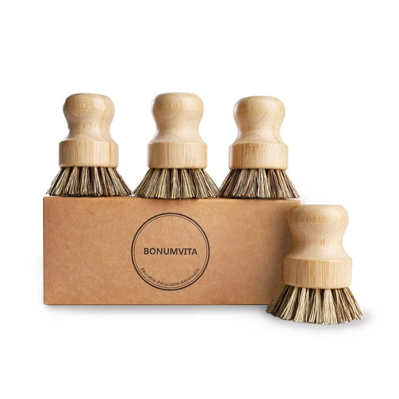 4 Pack Bamboo Dish Brush Set, Natural Palm Fiber Scrub Brushes for Pots, Pans, Sinks, Stoves ...