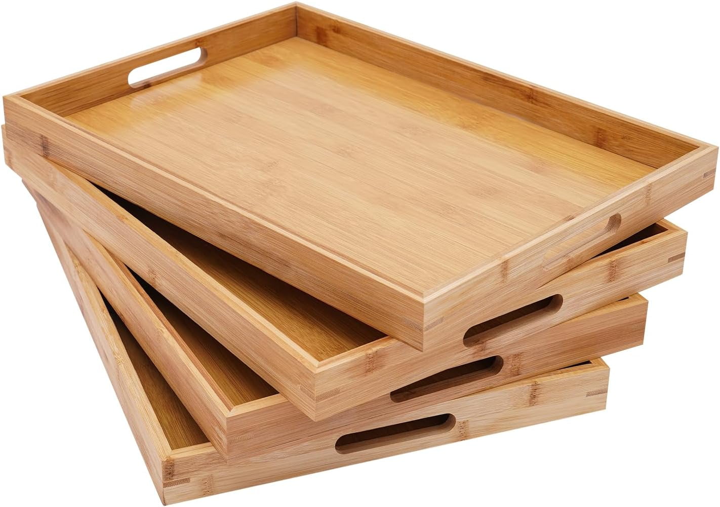 4-Pack Bamboo Serving Tray with Handles - Versatile Rectangular Wooden ...
