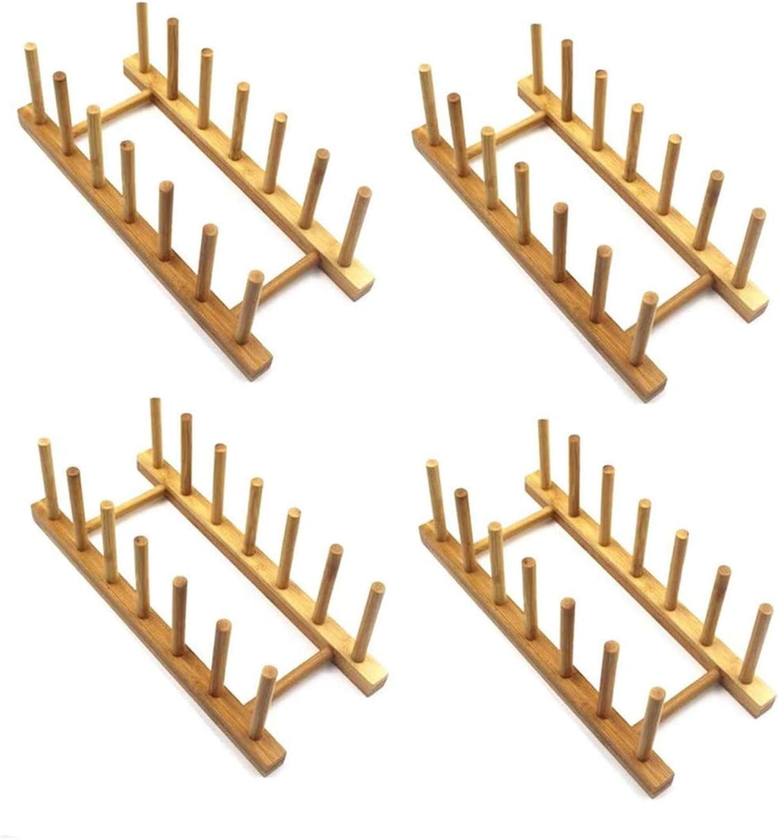 4 Pack Bamboo Wooden Dish Rack, Plate Rack Stand Pot Lid Holder ...