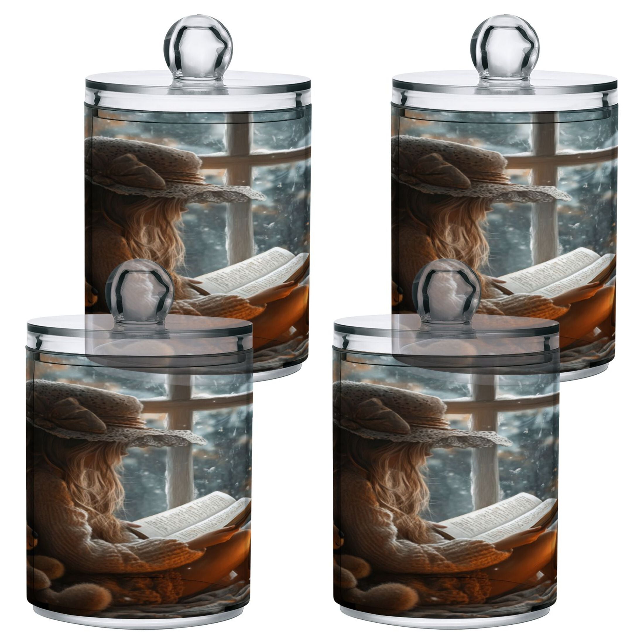 4 Pack Bathroom Canisters Transparent Storage Jar for Cotton Ball, Swab, Floss Girl Reading A ...
