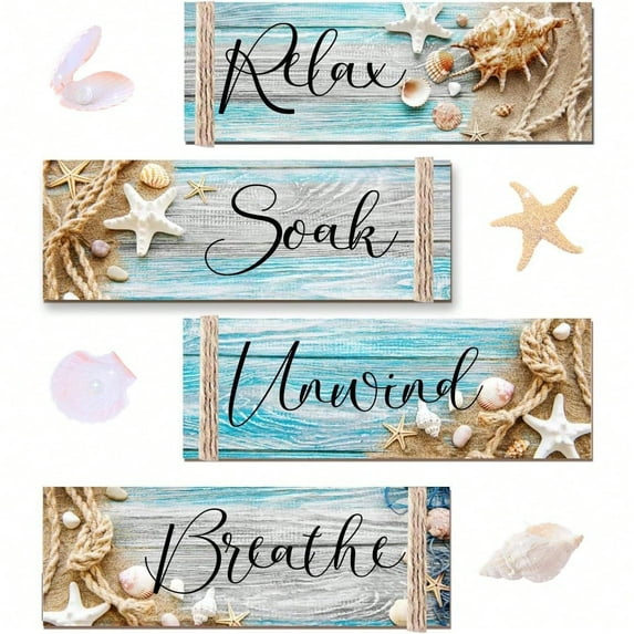 4-Pack Beach Bathroom Decor, Blue Wall Wood Shell Beach Decor, Bathroom ...