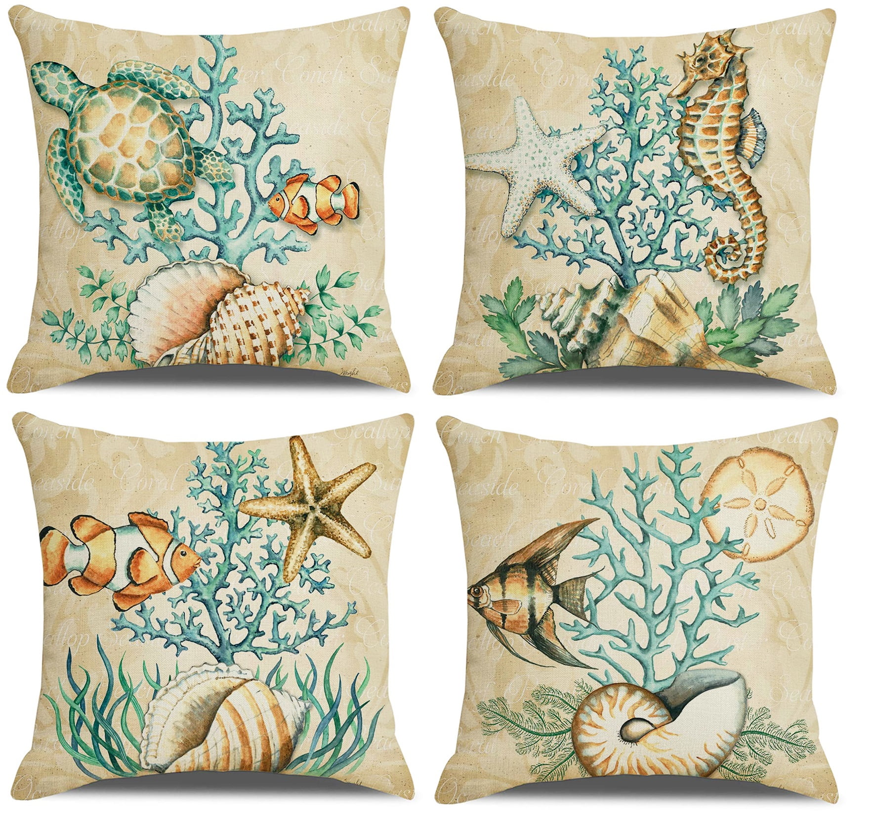 4 Pack Beach Throw Pillow Covers Decorative Ocean Coastal Theme Pillow ...