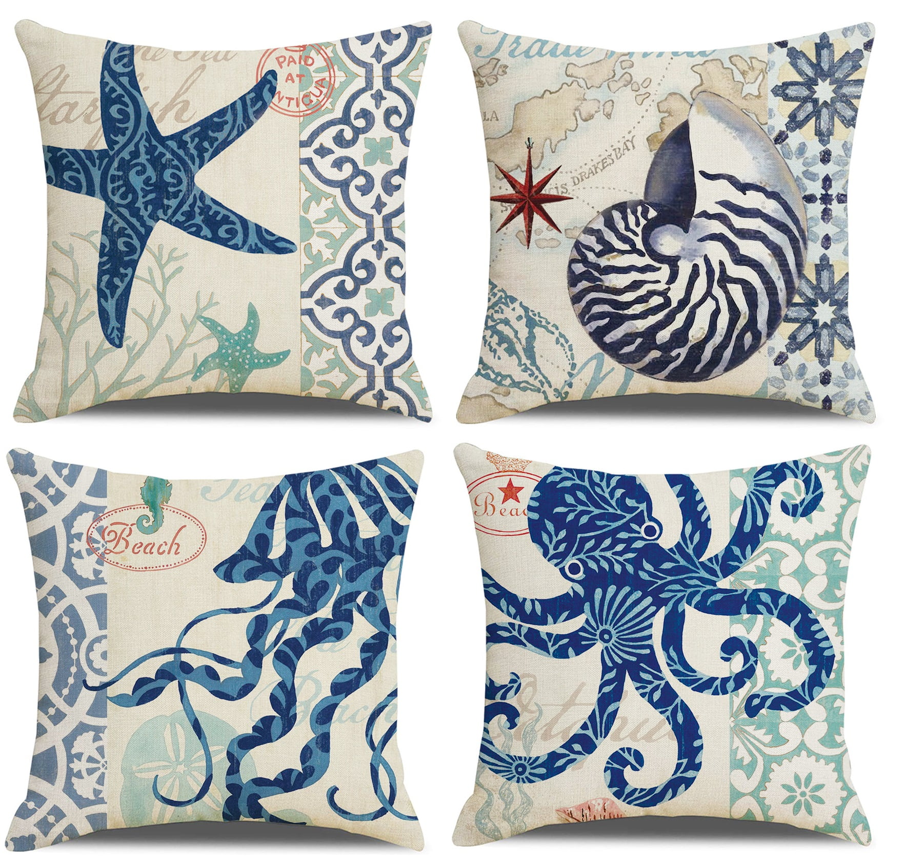 4 Pack Beach Throw Pillow Covers Decorative Ocean Coastal Theme Pillow ...