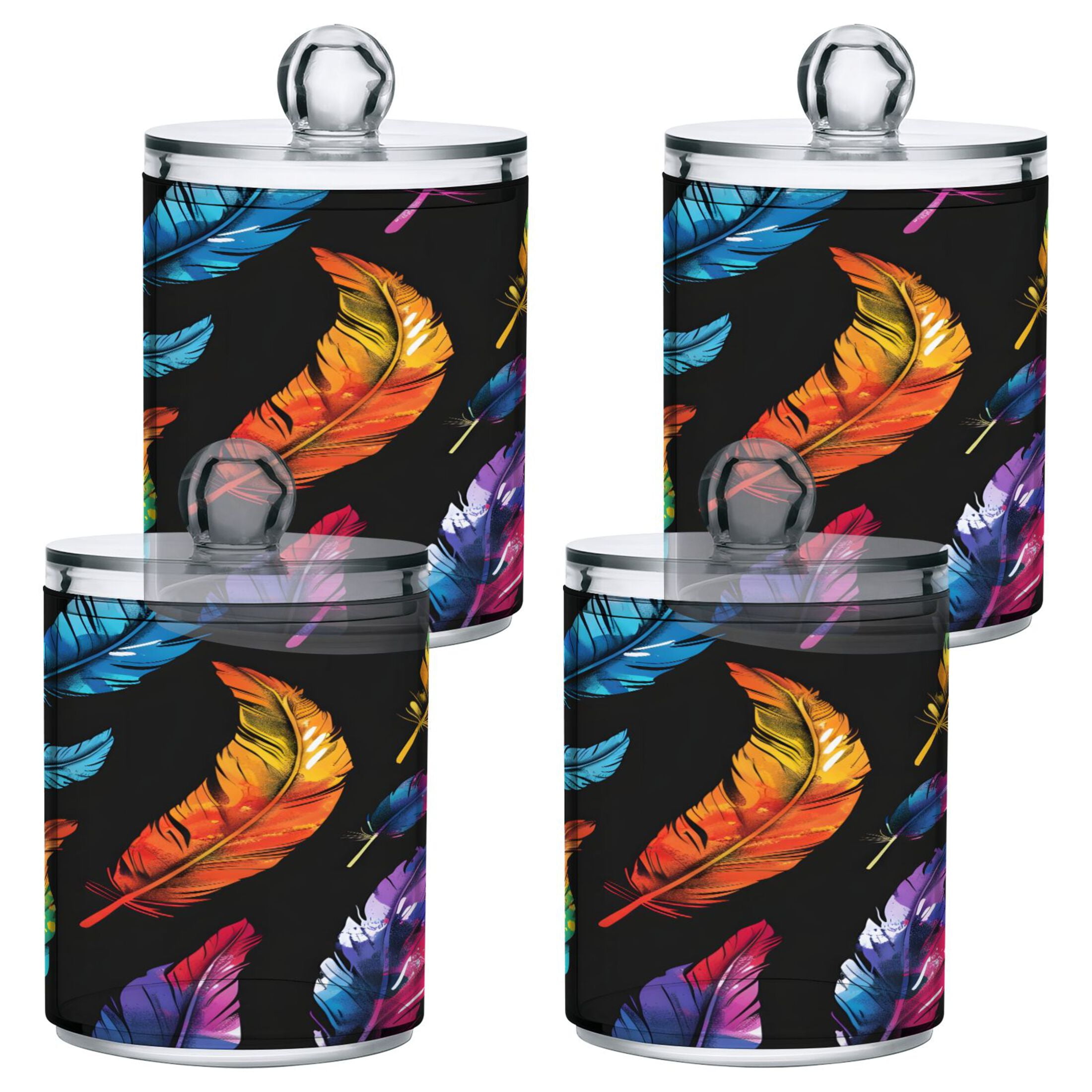 4 Pack Beautiful Colorful Feather Qtip Holder Dispenser Clear Plastic ...