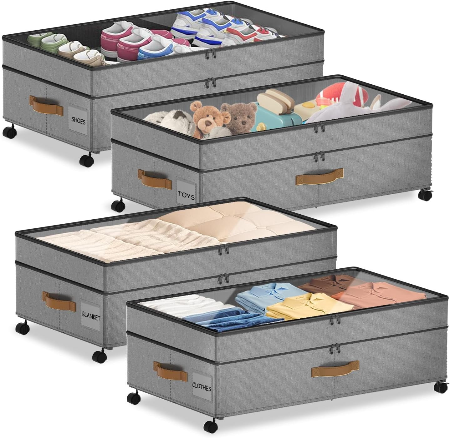 4 Pack Under Bed Storage with Wheels, Adjustable Height Storage ...
