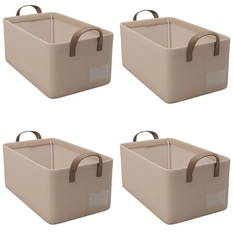 4-Pack Beige Fabric Storage Bins with Handles, Foldable Rectangular ...
