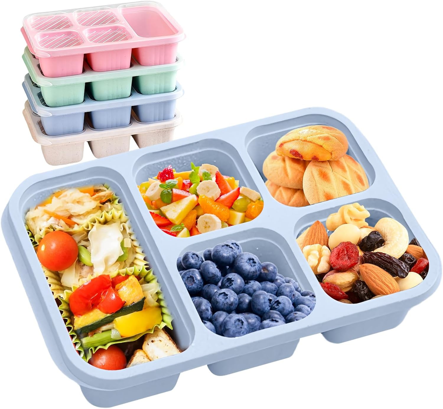 4 Pack Bento Lunch Box for Adults and Kids, 5-Compartment Wheat Straw ...