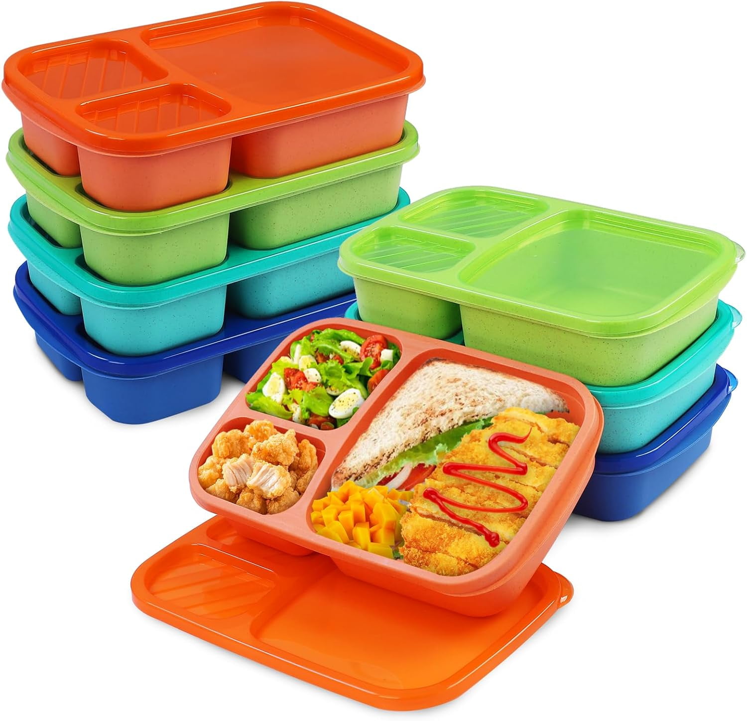 4 Pack Bento Lunch Box Set 3 Compartment Food Storage Containers Wheat ...