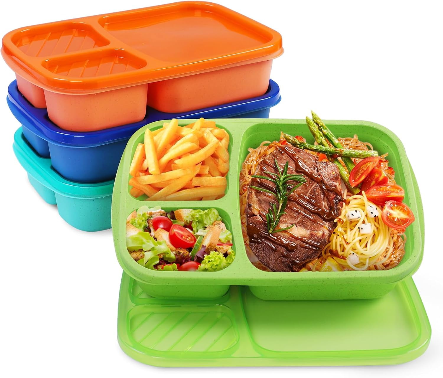4 Pack Bento Lunch Box Set 3 Compartment Food Storage Containers Wheat ...