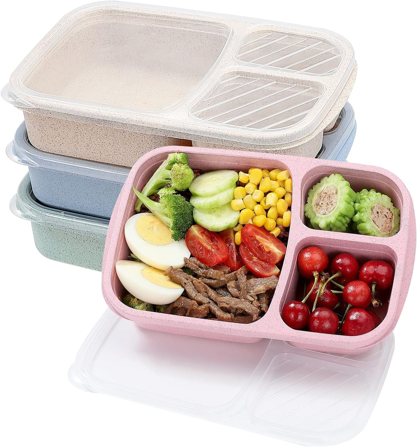 4 Pack Bento Lunch Box Set 3 Compartment Wheat Straw Meal Prep Food ...
