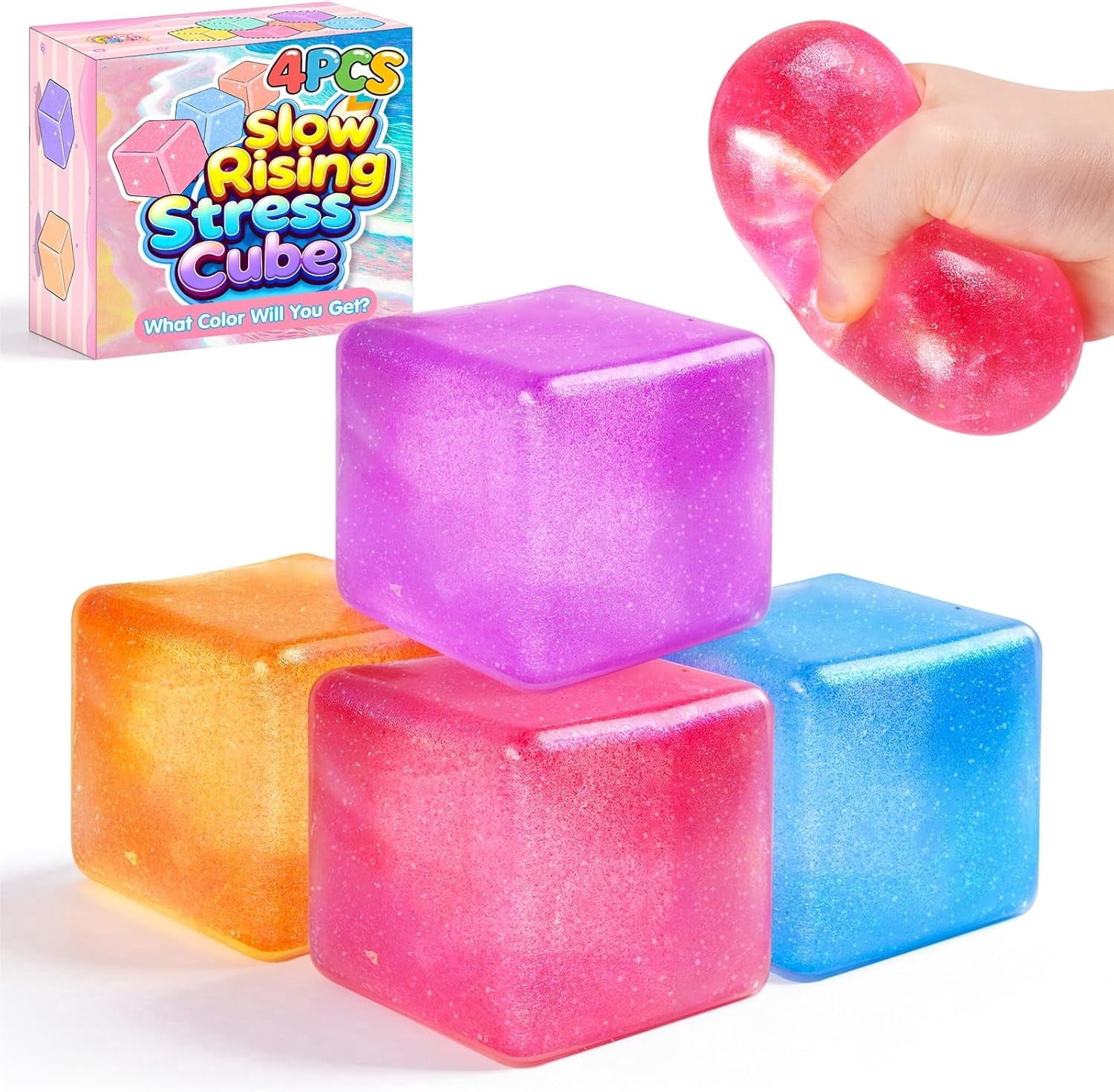 4 Pack Big Glitter Ice Cube Squishy Toys, 2.2 Inch Stress Cubes for ...