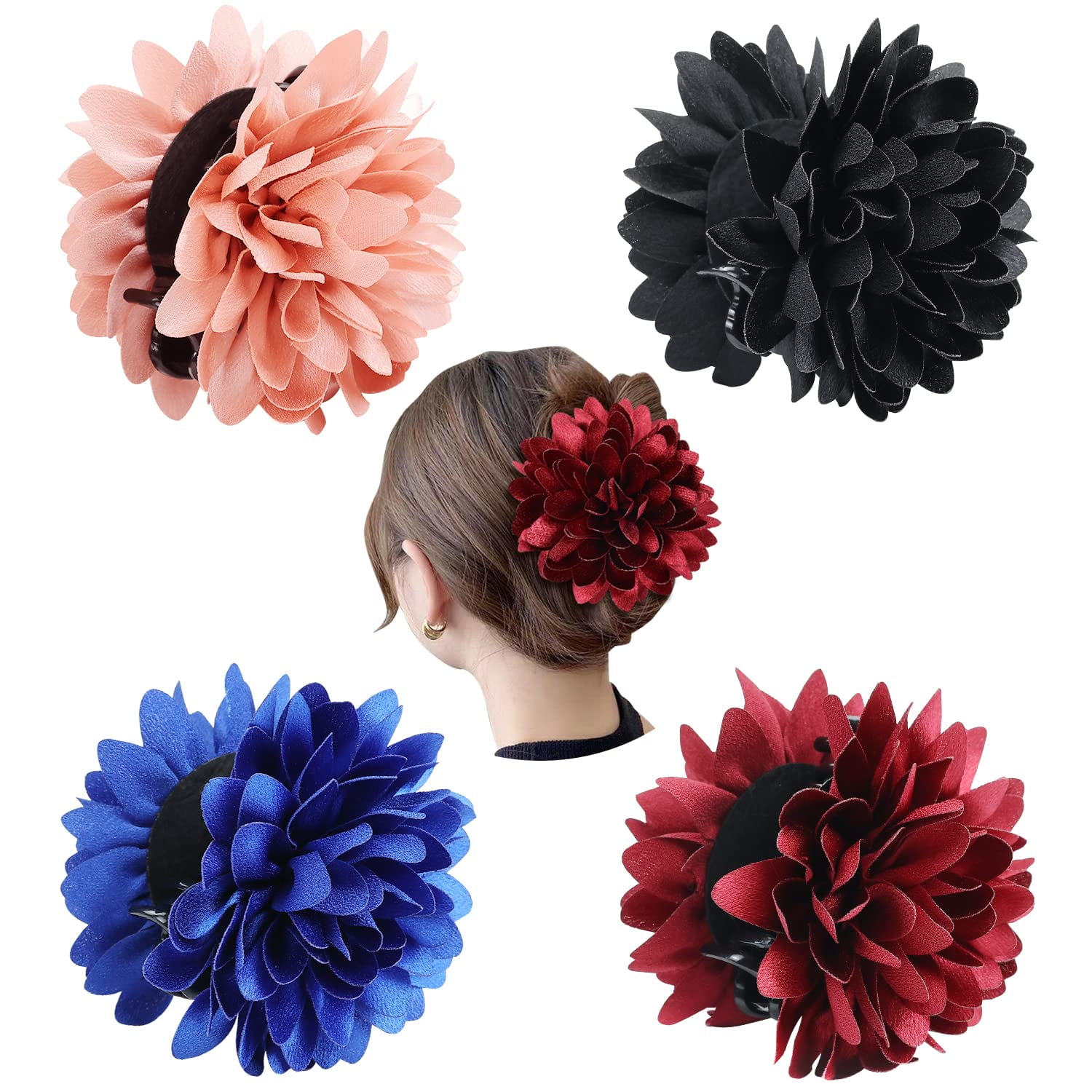 4 Pack Big Large Satin Rose Floral Flower Plastic Hair Claws Clips Bow ...