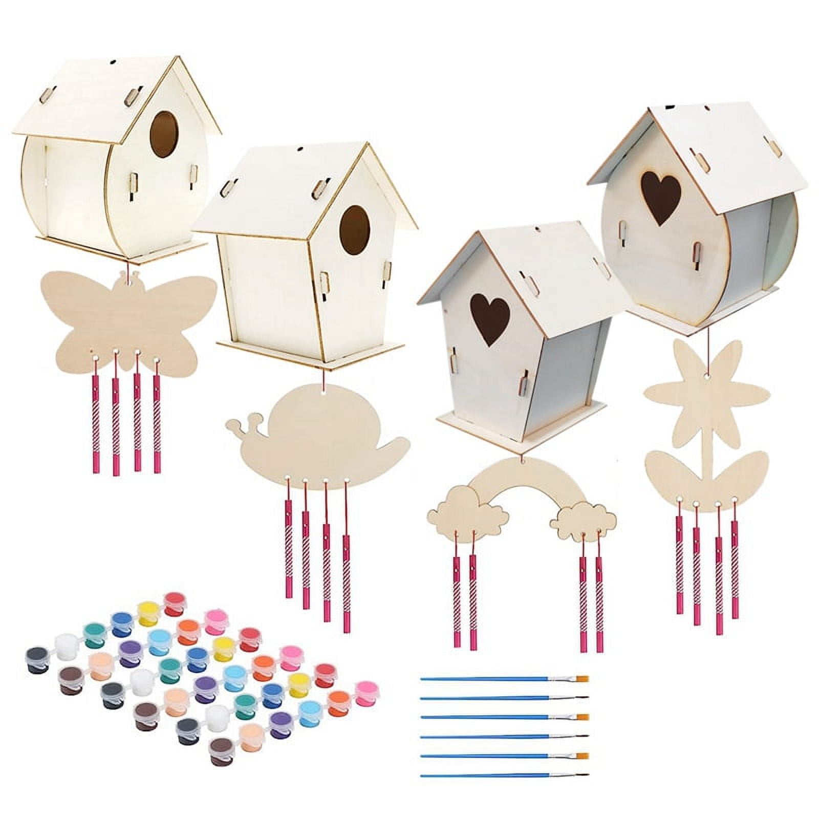 4 Pack Bird House 4 Pack Wind Chime Kits Wooden Arts and Crafts for Kid ...