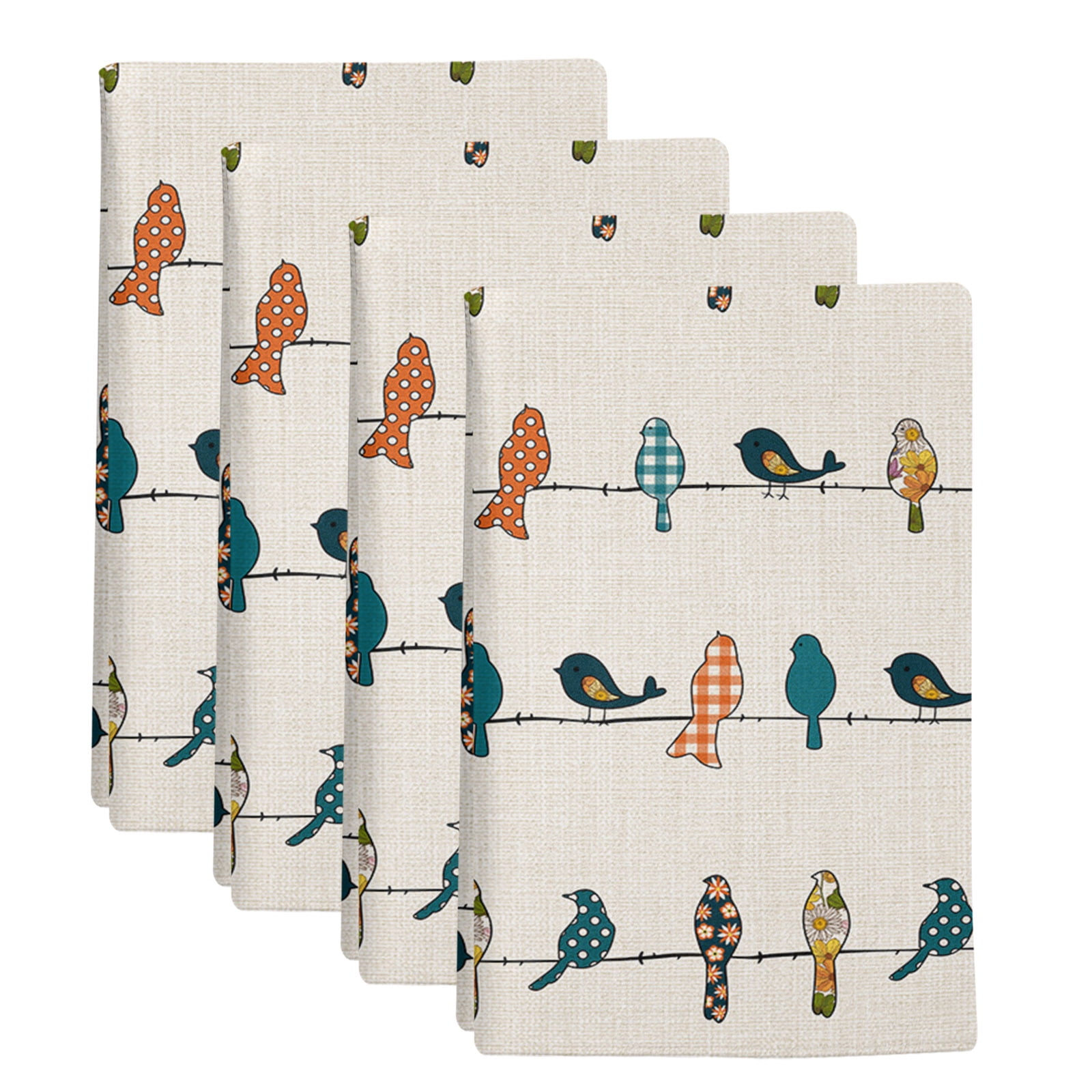 4 Pack Birds on the Wire Teal Grey Orange Burlap Background Kitchen ...