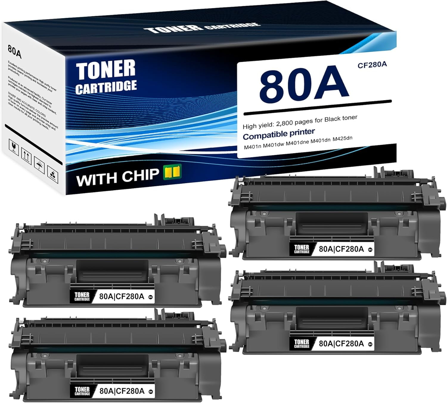 4-Pack Black 80A CF280A Toner Cartridge: Compatible 80A CF280A Replacement for HP M401n M401dw ...