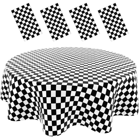 4 Pack Black Checkered Tablecloths, 84 Inch Round Disposable Plastic ...