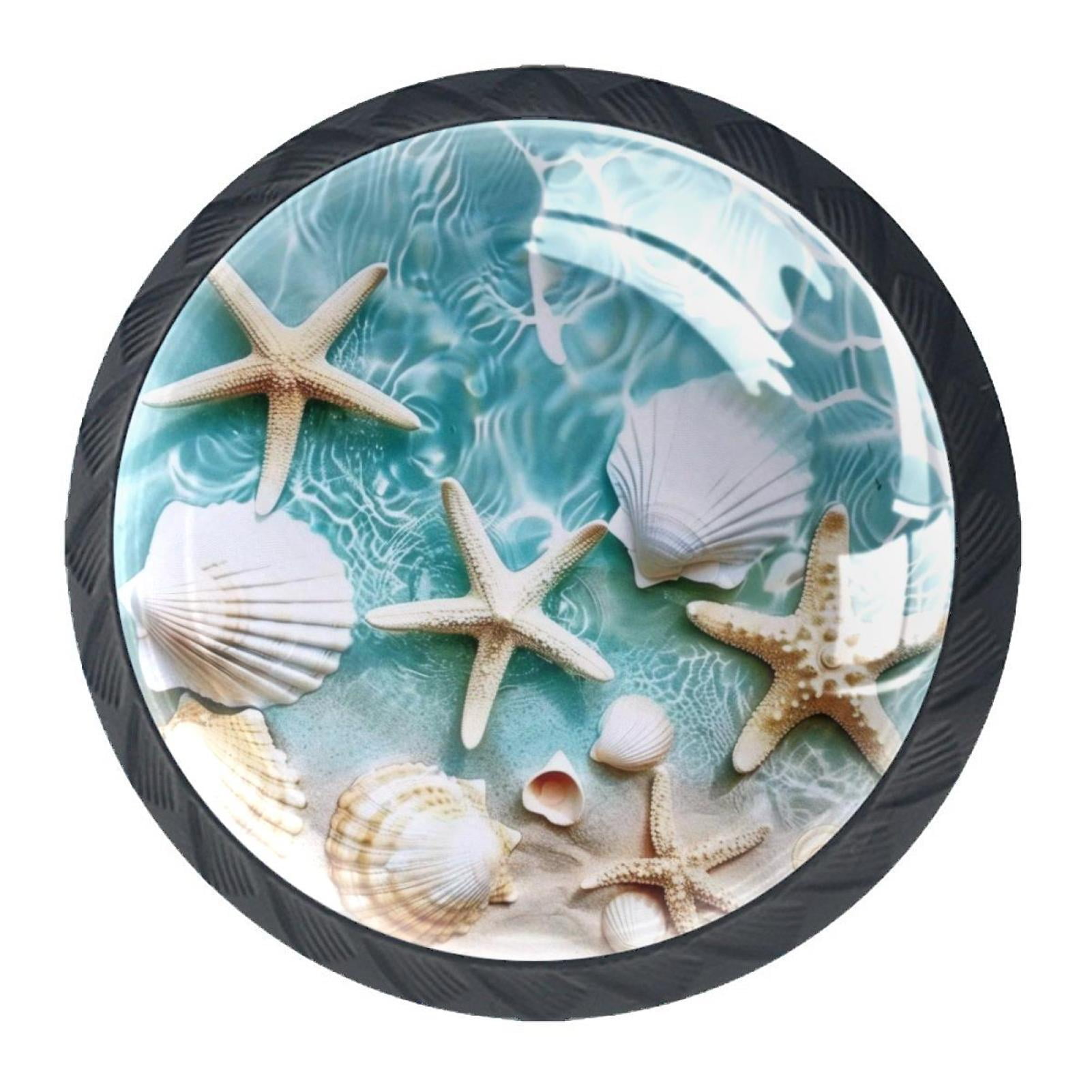 4 Pack Black Drawer Knobs, Beach Starfishes Shell Cabinet Knobs Round Glass Knobs for Kitchen ...