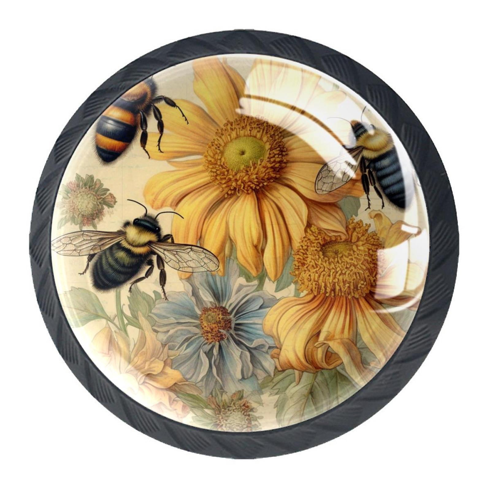 4 Pack Black Drawer Knobs, Bee Flowers Vintage Cabinet Knobs Round ...