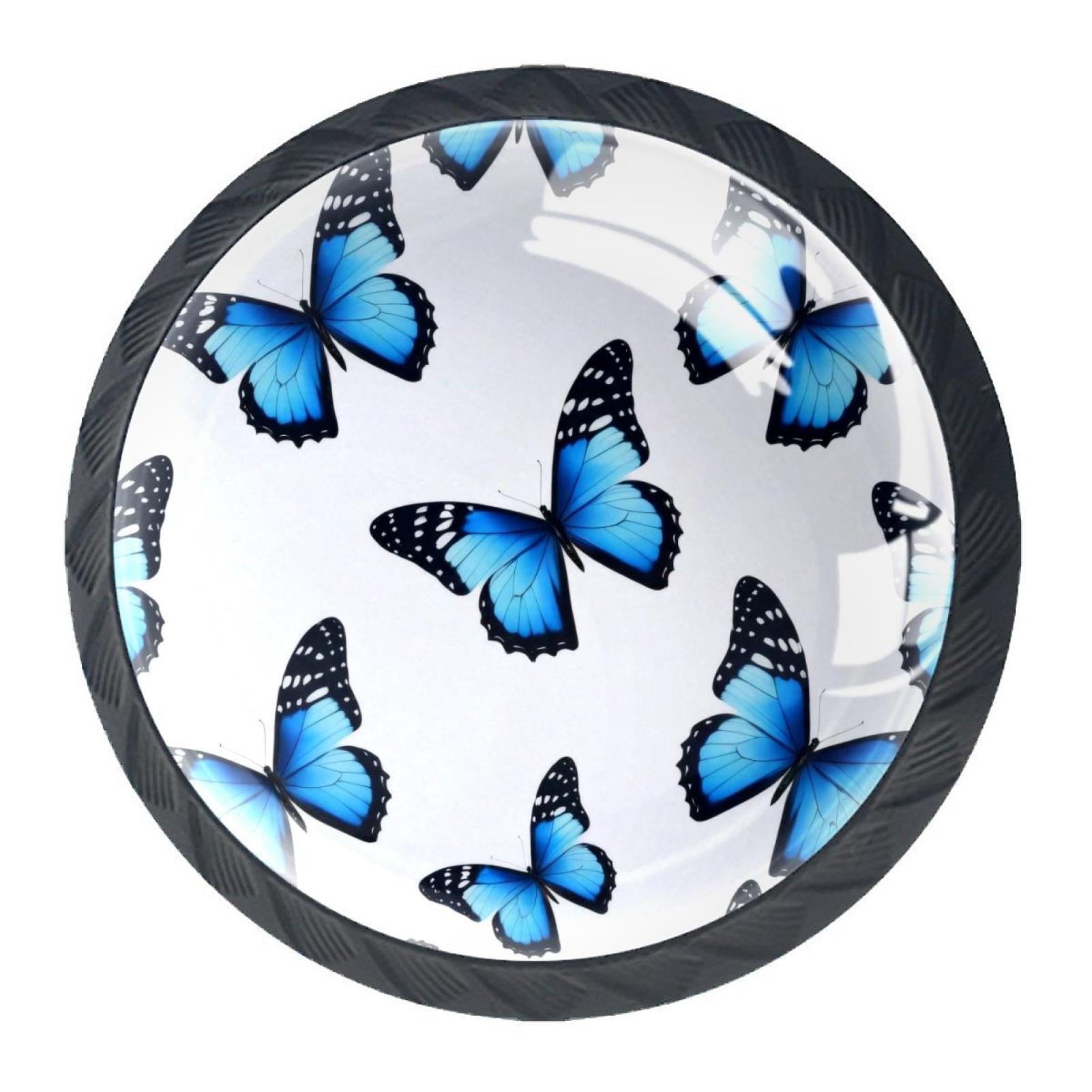 4 Pack Black Drawer Knobs, Blue Butterflies Cabinet Knobs Round Glass ...