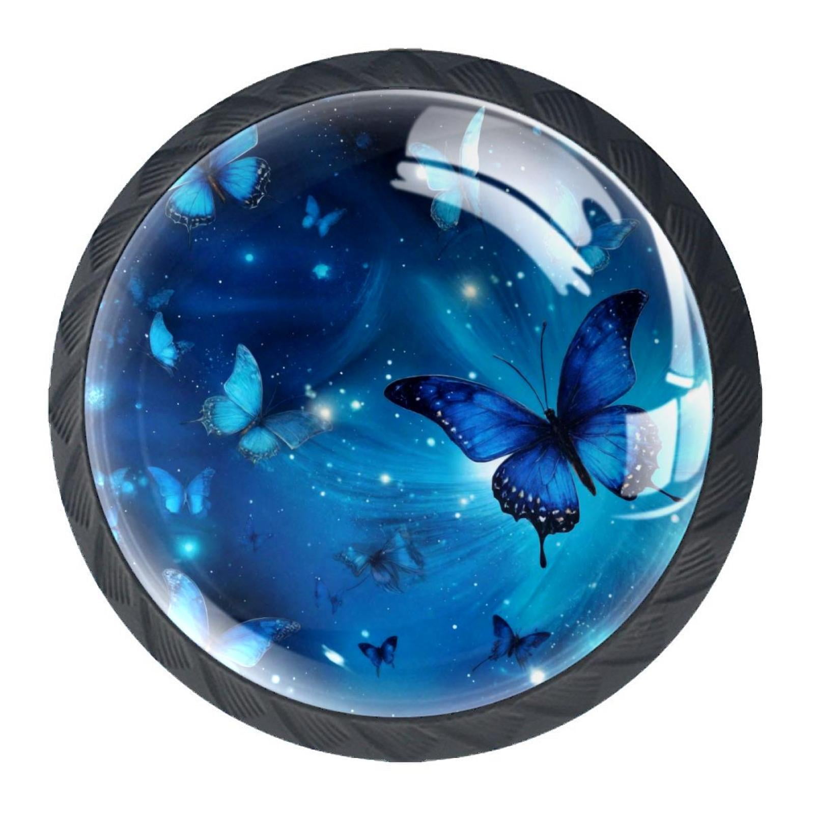 4 Pack Black Drawer Knobs, Blue Butterfly Cabinet Knobs Round Glass ...